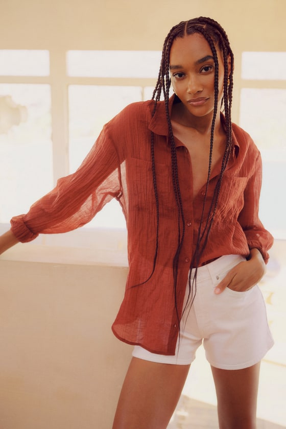 Rust Brown Crinkled Top - Long Sleeve Top - Button-Up Top - Lulus