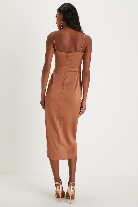 Bronze Dress - Tulip Midi Dress - Brown Surplice Dress - Lulus