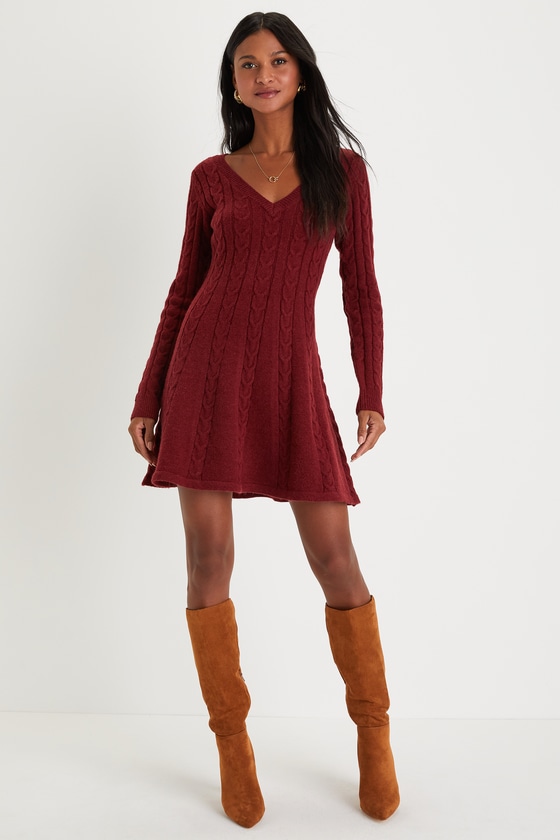 Burgundy Cable Knit Dress - Sweater Mini Dress - A-Line Dress - Lulus