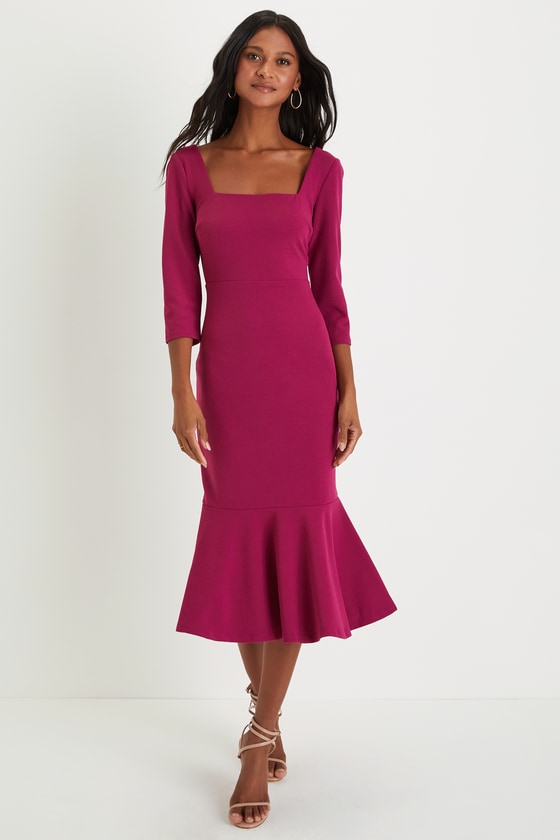 Magenta Backless Dress - 3/4 Sleeve Dress - Trumpet Midi Dress - Lulus
