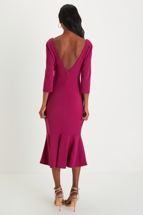 Magenta Backless Dress - 3/4 Sleeve Dress - Trumpet Midi Dress - Lulus