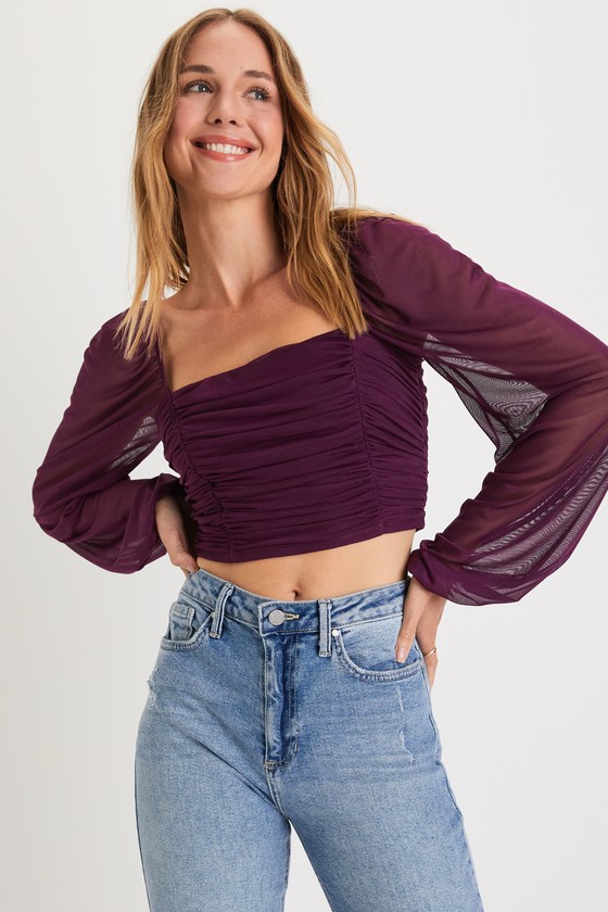 Cute Purple Mesh Top - Ruched Crop Top - Long Balloon Sleeve Top - Lulus