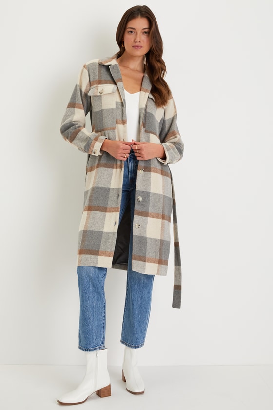 Grey Plaid Button-Up Coat - Shacket Coat Coat - Collared Coat - Lulus