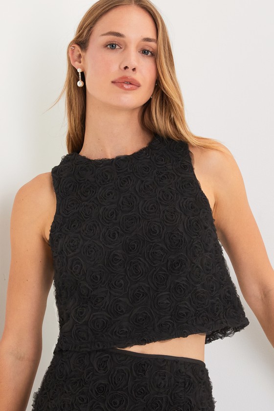 Black Tulle Rosette Top - Cropped Sleeveless Top - Tulle Top - Lulus