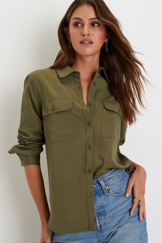 Olive Green Top - Long Sleeve Top - Button-Up Top - Twill Top - Lulus