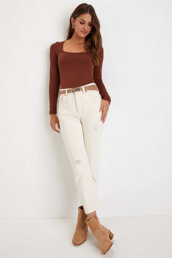 Cute Brown Bodysuit - Long Sleeve Bodysuit - Square Neck Bodysuit - Lulus