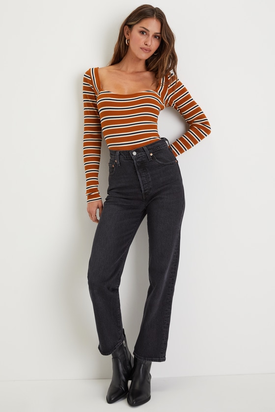 Brown Striped Bodysuit - Ribbed Knit Bodysuit - Long Sleeve Top - Lulus