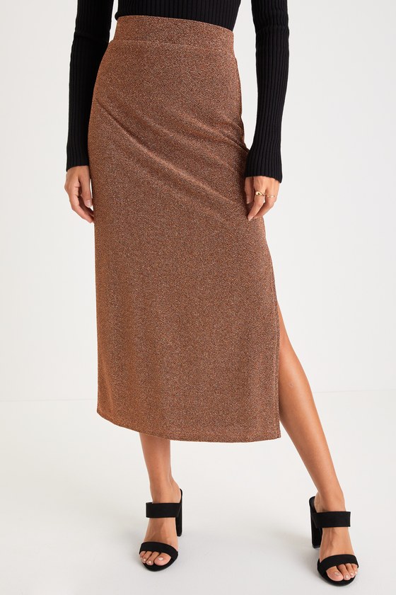 Shiny Rust Skirt - Lurex Skirt - High-Rise Midi Skirt - Lulus