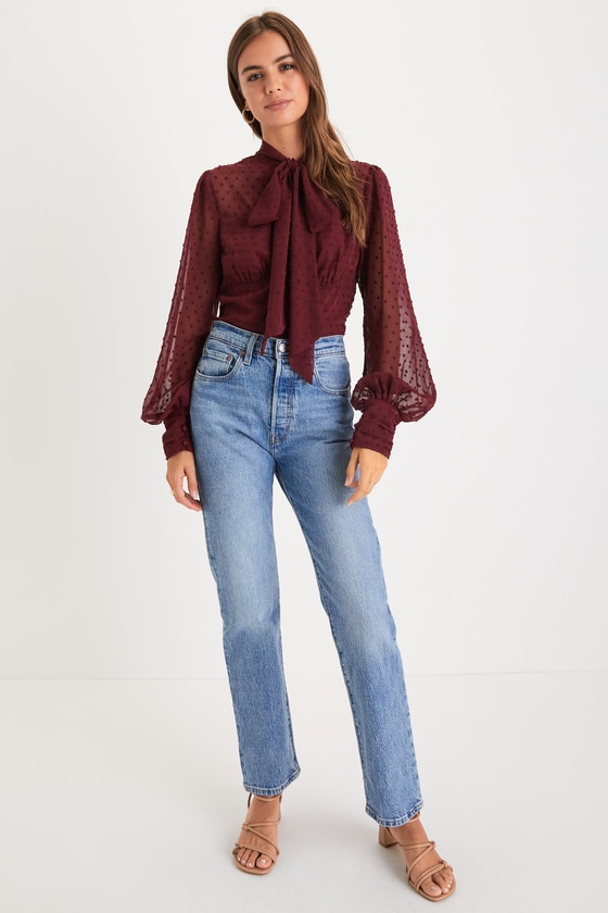 Burgundy Swiss Dot Top - Long Sleeve Blouse - Cute Tie-Neck Top - Lulus