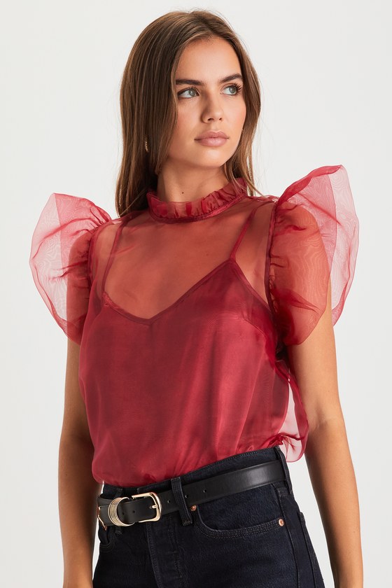 Wine Red Sheer Organza Top - Ruffled Top - Sheer Short Sleeve Top - Lulus