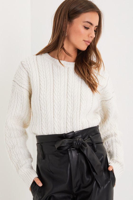 Ivory Rhinestone Sweater - Cable Knit Sweater - Pullover Sweater - Lulus