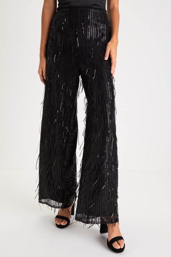 Black Sequin Fringe Pants High Rise Pants Wide Leg Pants Lulus