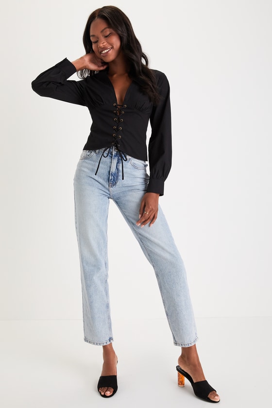 Black Lace-Up Top - Collared Top - Long Sleeve Top - Sexy Top - Lulus
