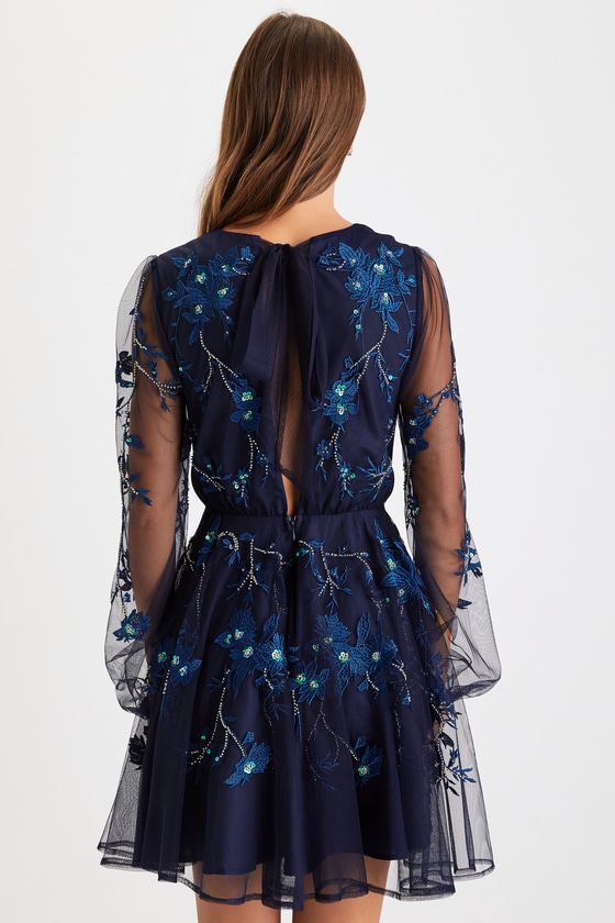 Navy Blue Mesh Dress - Beaded Sequin Dress - Sequin Mini Dress - Lulus
