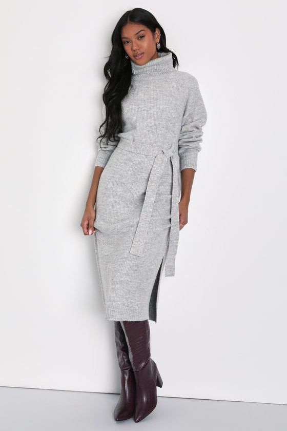 Heather Grey Dress - Turtleneck Sweater Dress - Midi Dress - Lulus