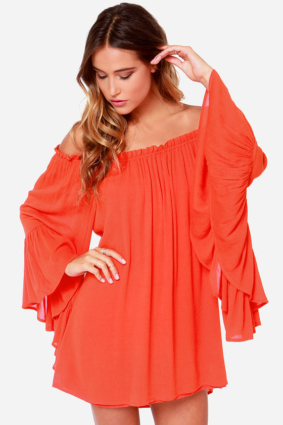 Sexy Red Orange Dress - Off the Shoulder Dress - Long Sleeve Dress ...
