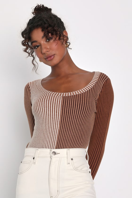 Color Block Bodysuit - Brown Ribbed Top - Scoop Neck Bodysuit - Lulus