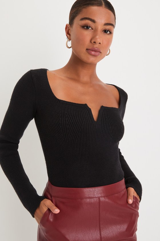 Black Ribbed Knit Top - Black Notched Top - Square Neck Top - Lulus