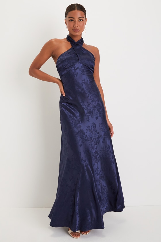 Navy Blue Satin Dress - Jacquard Maxi Dress - Halter Maxi Dress - Lulus