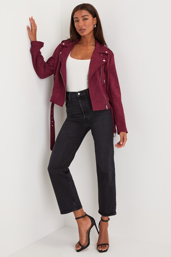 Burgundy Faux Suede Jacket - Belted Moto Jacket - Burgundy Jacket - Lulus