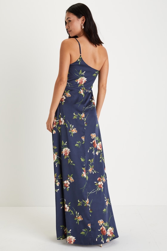 Navy Blue Floral Dress - One-Shoulder Maxi Dress - A-Line Dress - Lulus