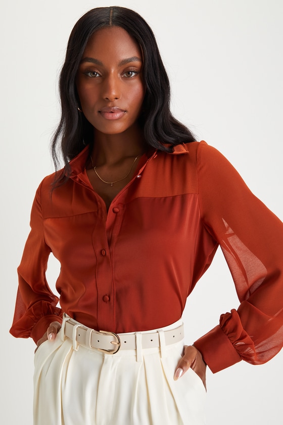 Rust Orange Satin Top - Button-Up Top - Long Sleeve Top - Lulus