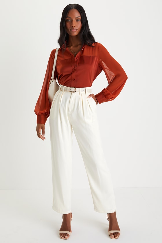 Rust Orange Satin Top - Button-Up Top - Long Sleeve Top - Lulus