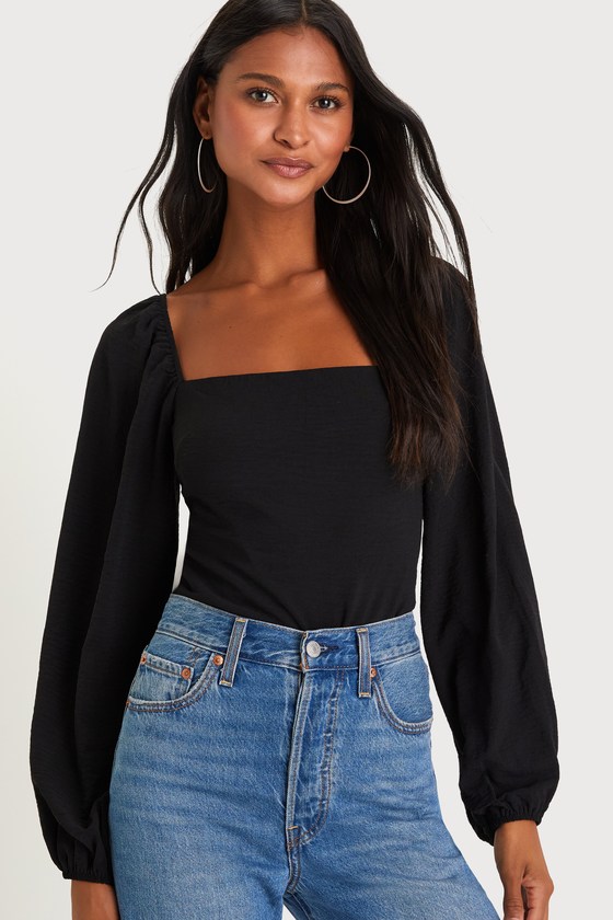 Cute Black Bodysuit - Tie-Back Bodysuit - Balloon Sleeve Bodysuit - Lulus