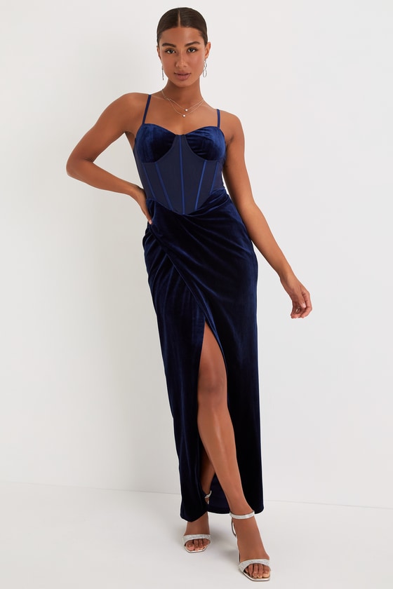 Navy Blue Maxi Dress Velvet Maxi Dress Mesh Bustier Dress Lulus