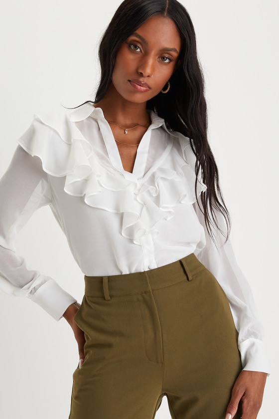 Ivory Chiffon Top - Ruffled Top - Button-Front Top - Blouse - Lulus