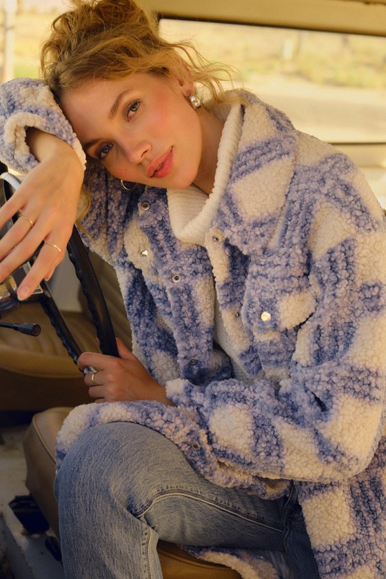 Plaid Teddy Jacket - Shearling Jacket - Blue and White Jacket - Lulus
