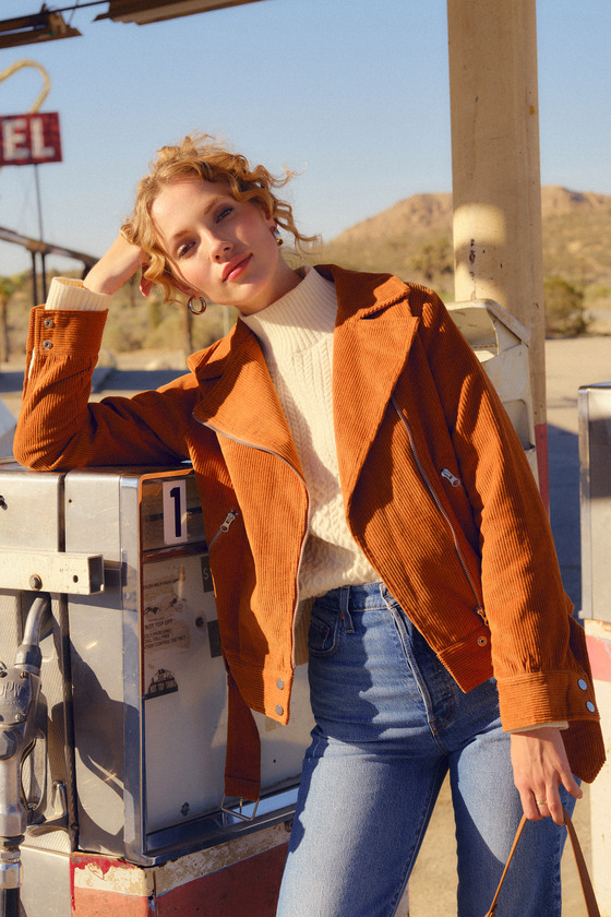 Rust Orange Jacket - Corduroy Motorcycle Jacket - Moto Jacket - Lulus