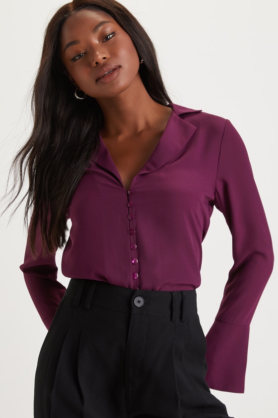 Purple Collared Top - Long Sleeve Top - Chic Button-Up Top - Lulus