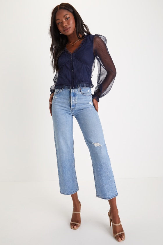 Navy Blue Mesh Top - Swiss Dot Bustier - Long Sleeve Corset Top - Lulus