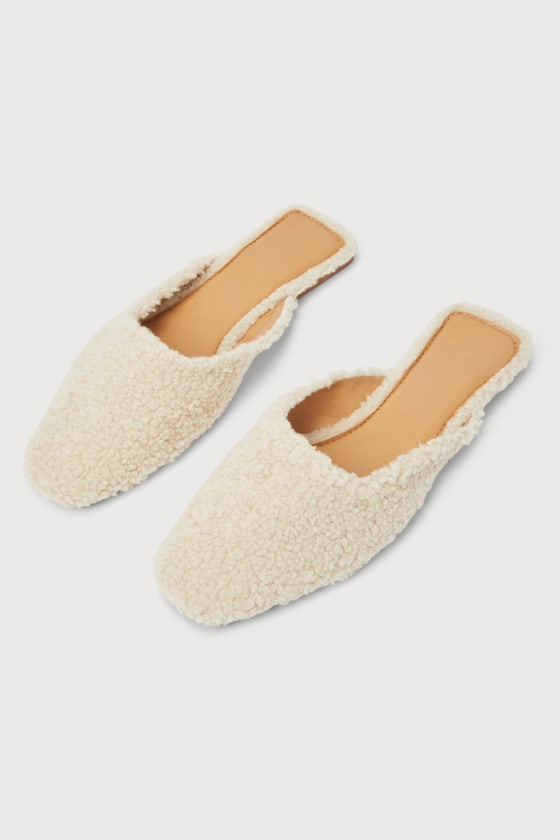 Beige Faux Fur Mules - Chic Mule Slides - Square Toe Slides - Lulus
