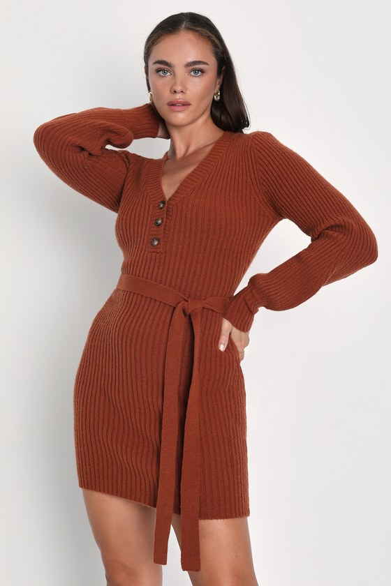 Rust Brown Dress - Mini Sweater Dress - Long Sleeve Sweater Dress - Lulus