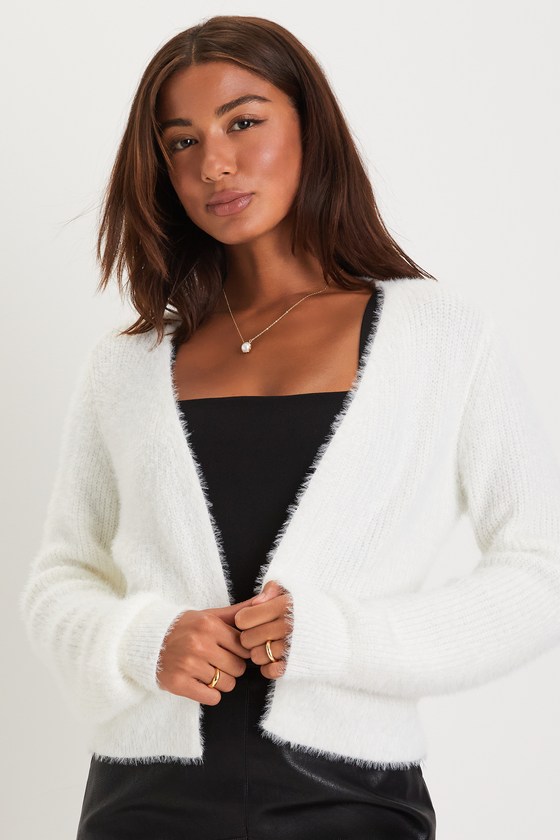 Ivory Fuzzy Cardigan Eyelash Knit Cardigan Open Cardigan Lulus