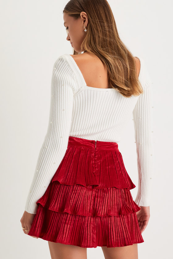 Red Mini Skirt - Satin Plisse Skirt - Tiered Mini Skirt - Lulus