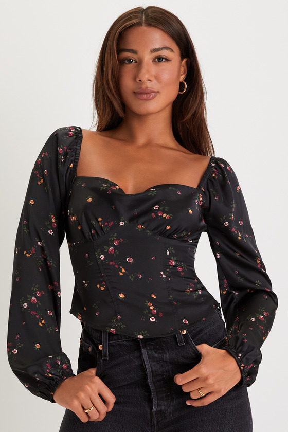 Black Floral Print Top - Chic Satin Top - Long Sleeve Crop Top - Lulus