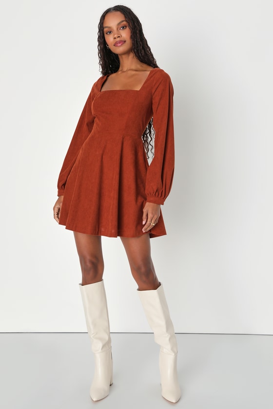 Rust Orange Dress - Corduroy Dress - Balloon Sleeve Mini Dress - Lulus