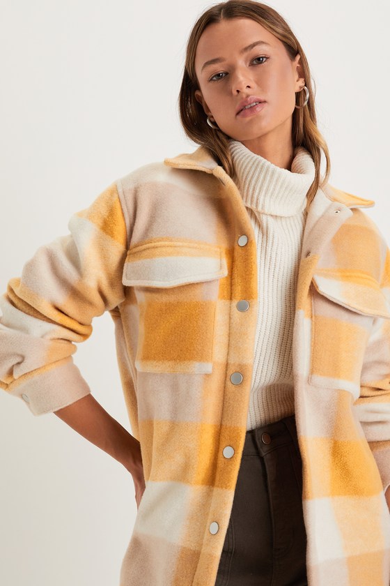 Ivory and Yellow Shacket - Plaid Shirt Jacket - Long Shacket - Lulus