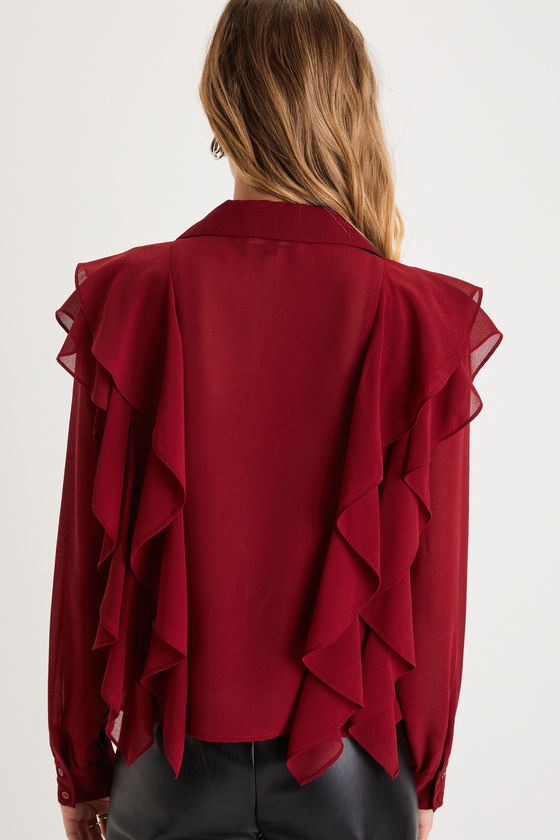 Wine Red Ruffled Top - Long Sleeve Button-Up - Collared Top - Lulus