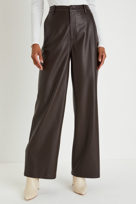 Dark Brown Pants - Cute Vegan Leather Pants - Wide-Leg Pants - Lulus