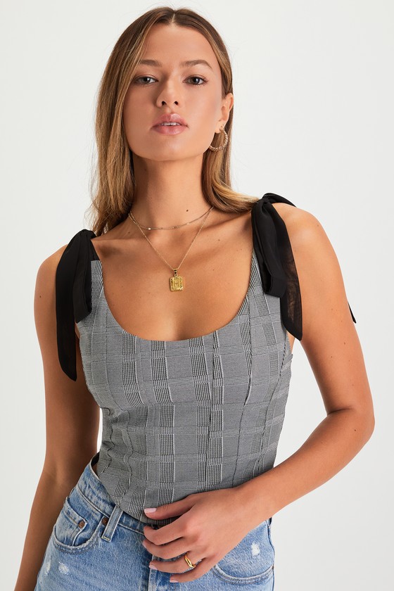 Cute Black and Ivory Plaid Top - Crop Top - Tie-Strap Top - Lulus
