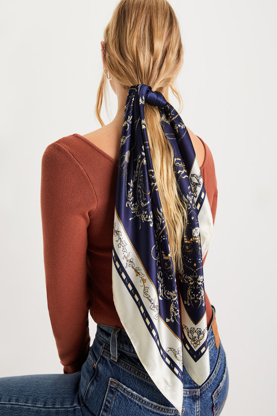 Navy Blue and White Scarf - Printed Handkerchief Scarf - Scarf - Lulus