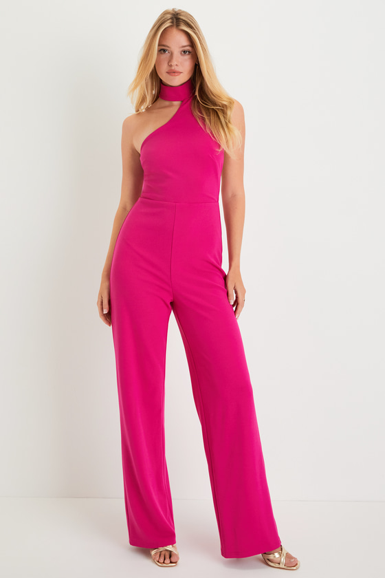 Hot Pink Jumpsuit Asymmetrical Jumpsuit Chic Halter Jumpsuit Lulus