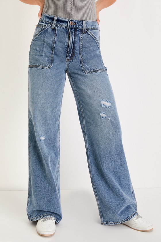 Medium Wash Denim Jeans - High-Rise Jeans - Utility Jeans - Lulus
