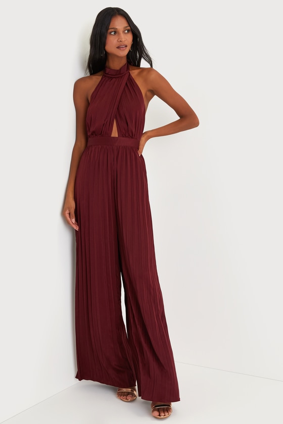 Sexy Burgundy Jumpsuit Satin Pleated Jumpsuit Halter Jumpsuit Lulus