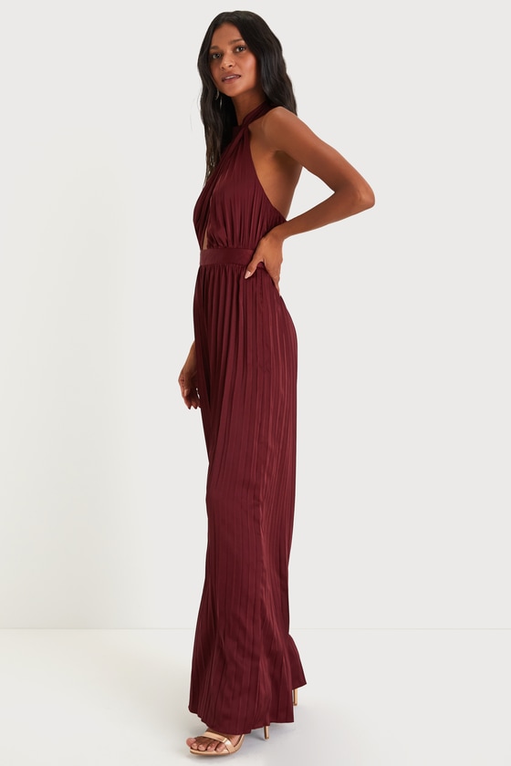 Sexy Burgundy Jumpsuit Satin Pleated Jumpsuit Halter Jumpsuit Lulus
