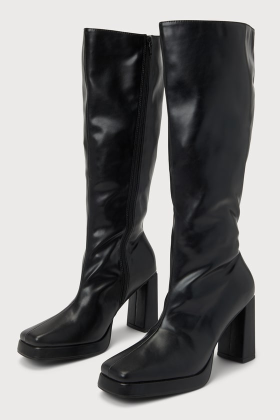 Black Square Toe Boots - Knee-High Boots - Black Platform Boots - Lulus